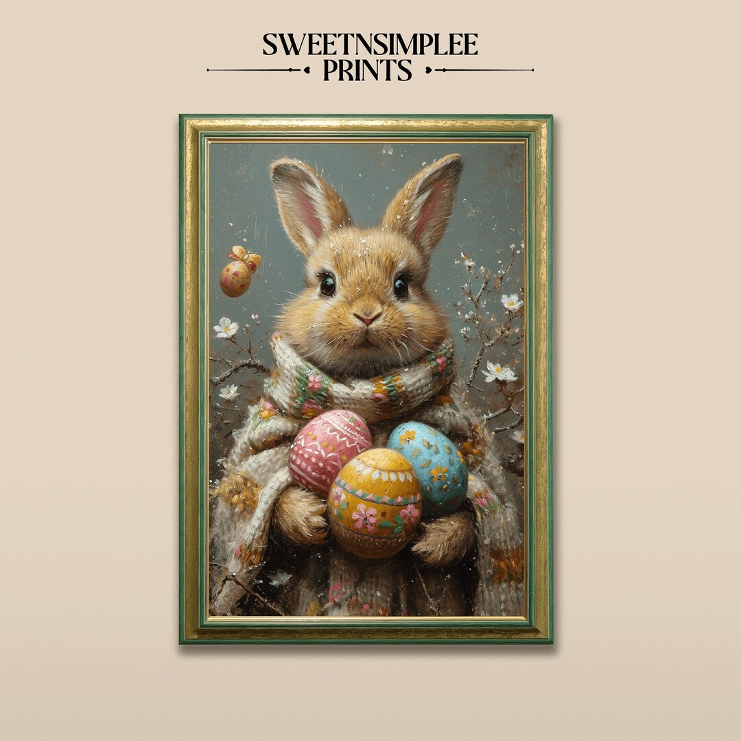 Happy Easter Wall Art, Vintage Spring Bunny Print, Easter Eggs ...