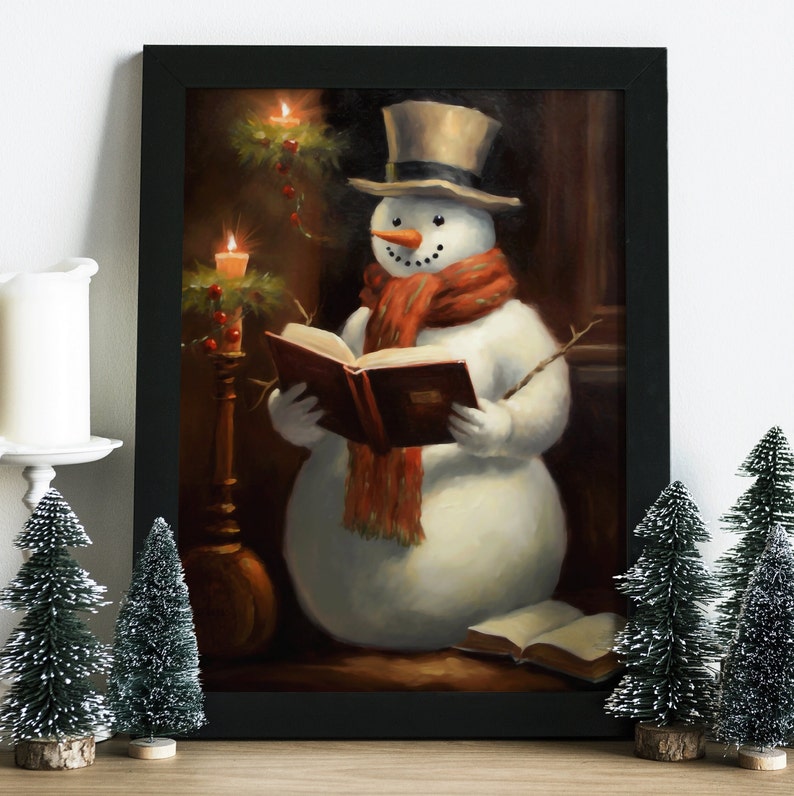 Printable Charming Vintage Christmas Snowman Reading Book Christmas Oil ...