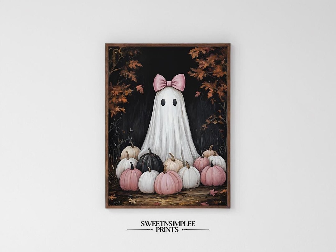 Cute Ghost With Pink Bow and Pumpkins Print Autumn Halloween Wall Art ...