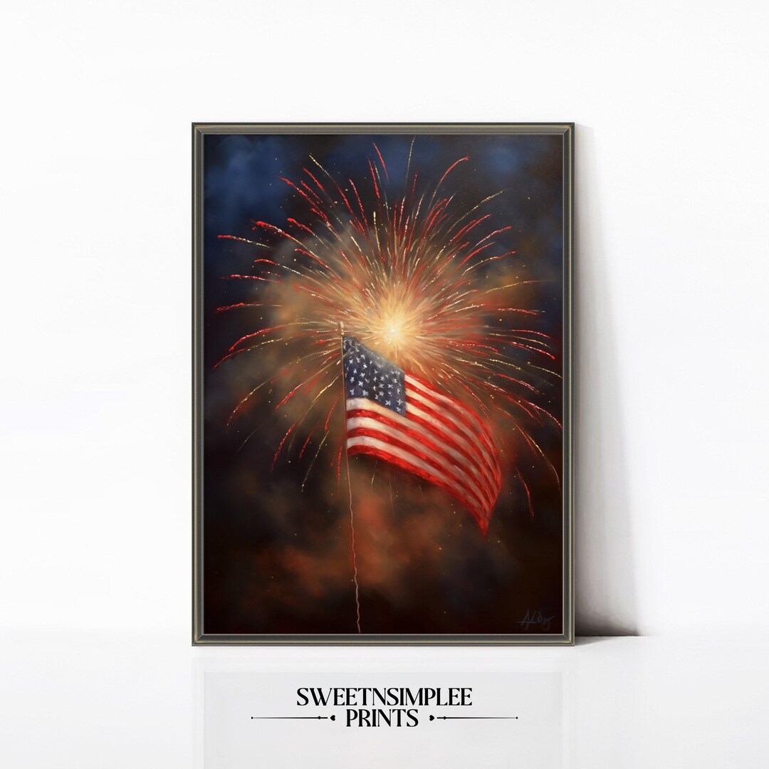 American Flag With Fireworks Oil Painting, 4th of July Printable Wall ...