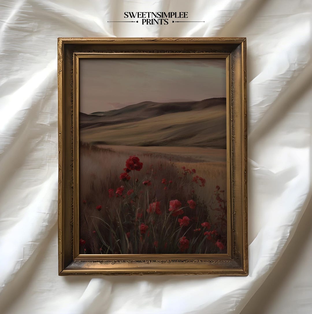 Moody Landscape Print Vintage Maroon Wildflower Artwork Red Pastoral ...