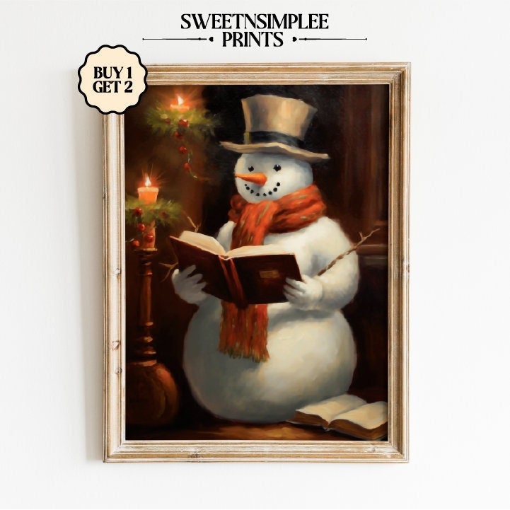 Printable Charming Vintage Christmas Snowman Reading Book Christmas Oil ...