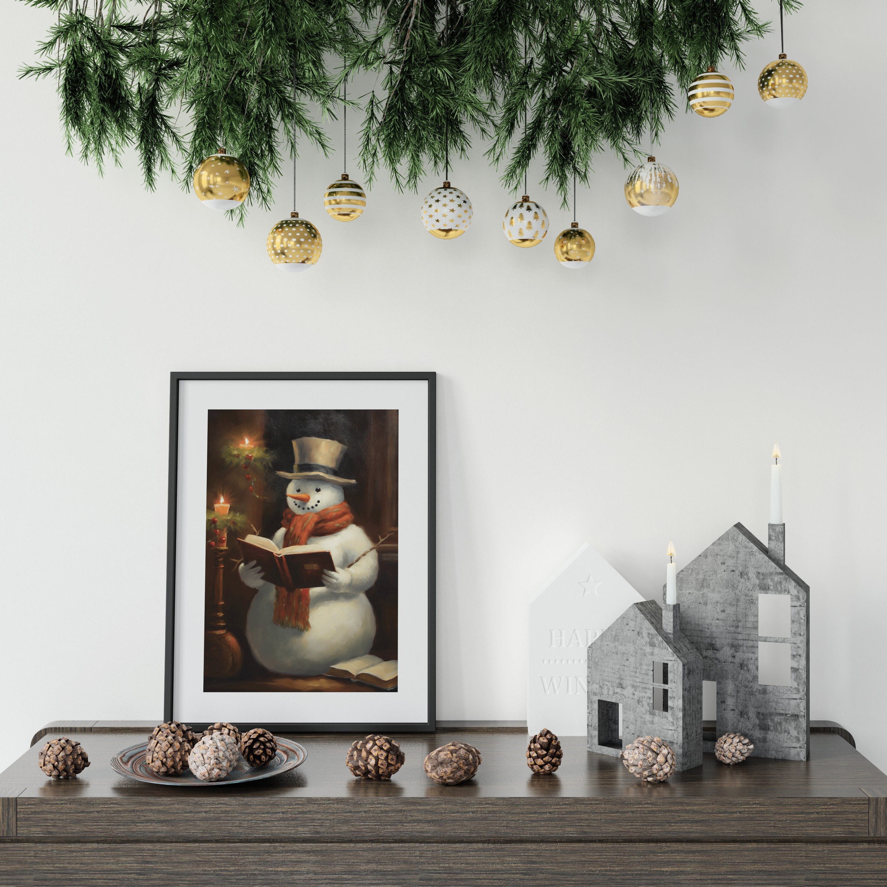 Printable Charming Vintage Christmas Snowman Reading Book Christmas Oil ...