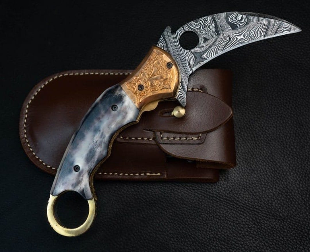 Hand Forged Damascus Steel Folding & Hunting Karambit With Real Bone ...