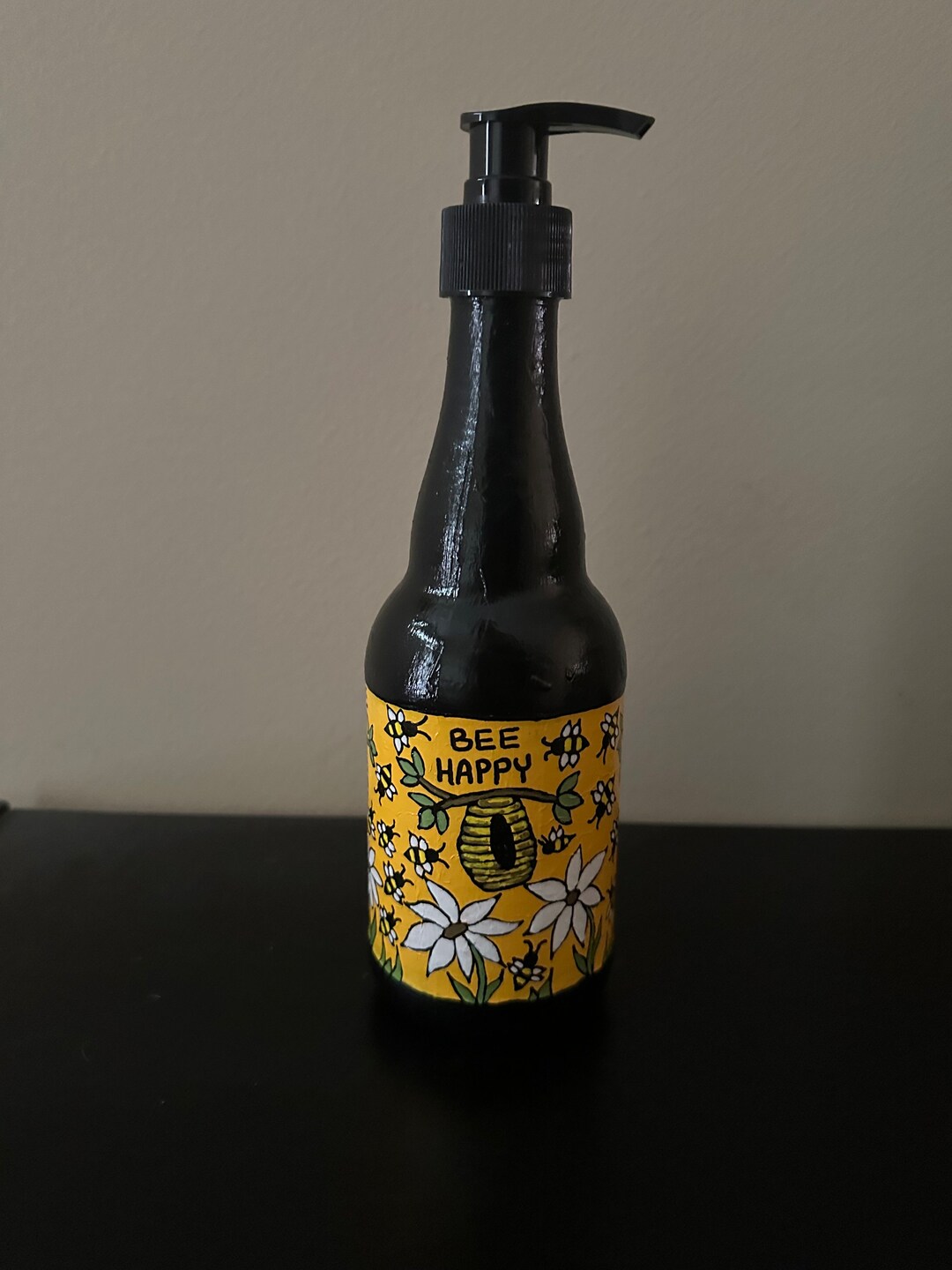 Bee Happy Themed Soap Dispenser Made From Recycled Glass. Hand Painted ...
