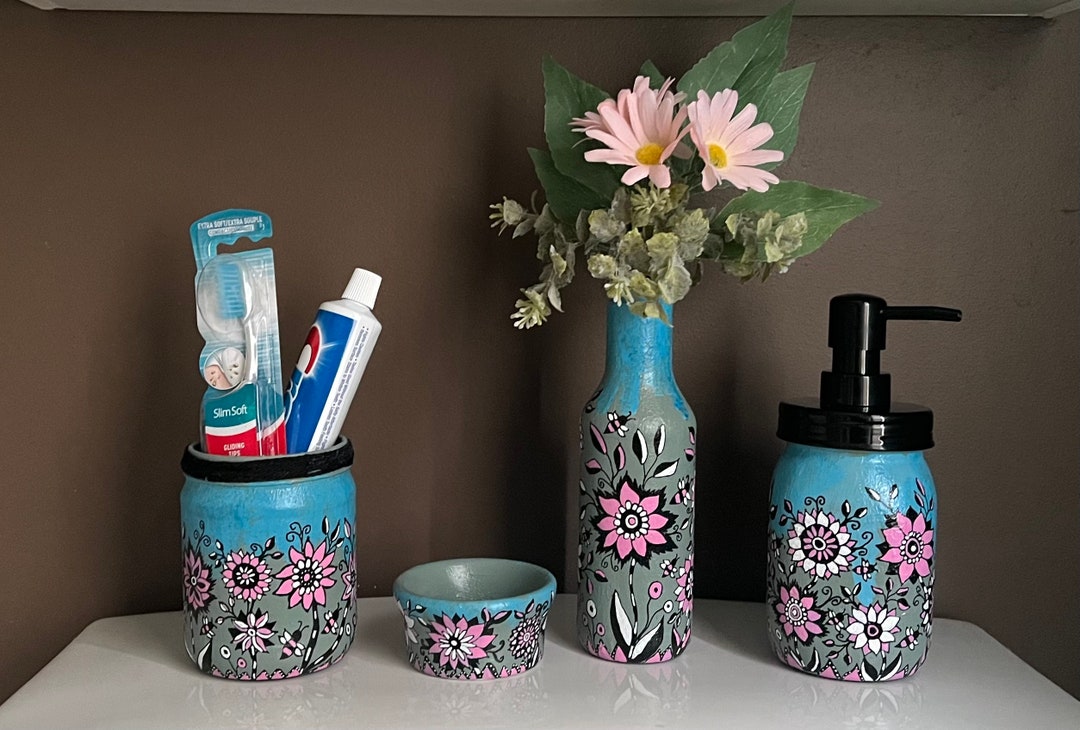 Hand Painted Floral 4 Piece Bathroom Set. - Etsy