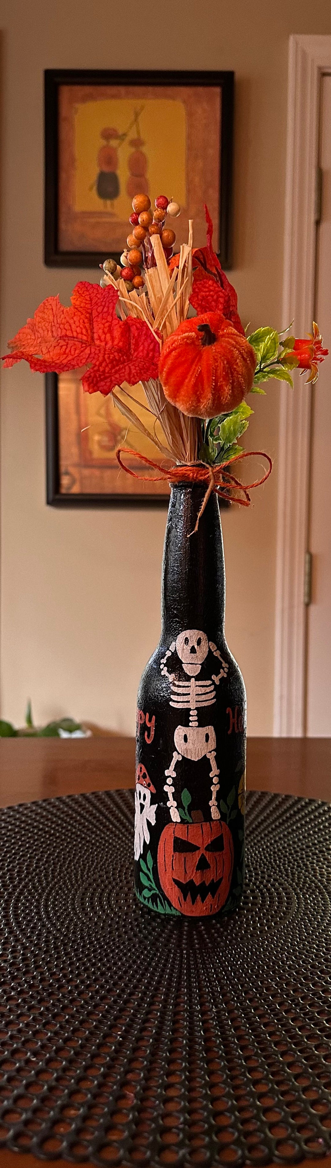 Hand Painted Skeleton Themed Halloween Vase With Faux Flowers. - Etsy