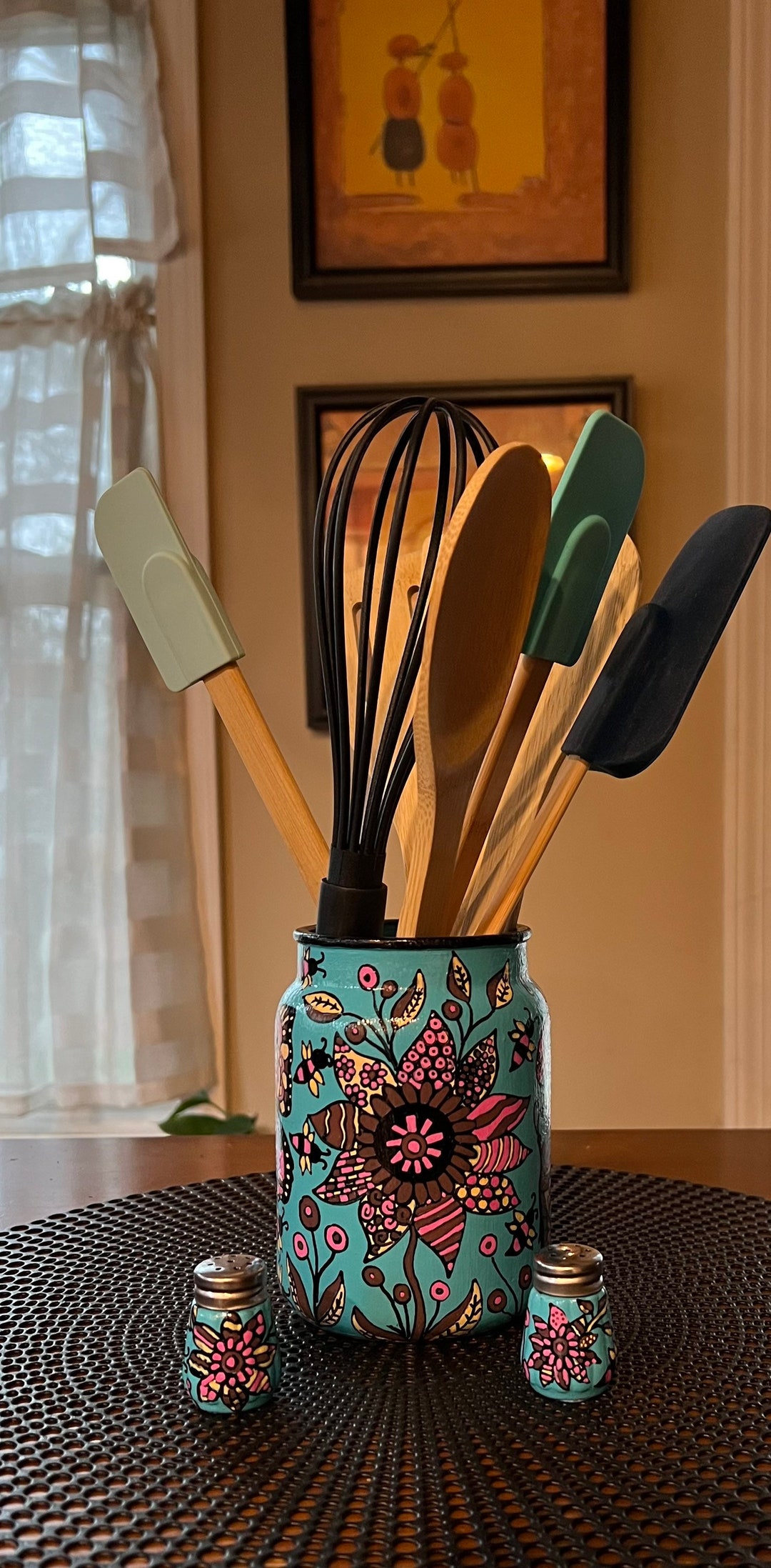 Hand-painted Utensil Holder With Matching Mini Salt and Pepper Shakers ...
