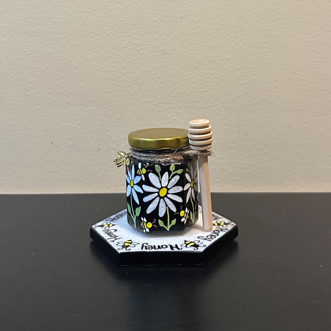 Hand-painted Glass Honey Jar With Marble Base. - Etsy