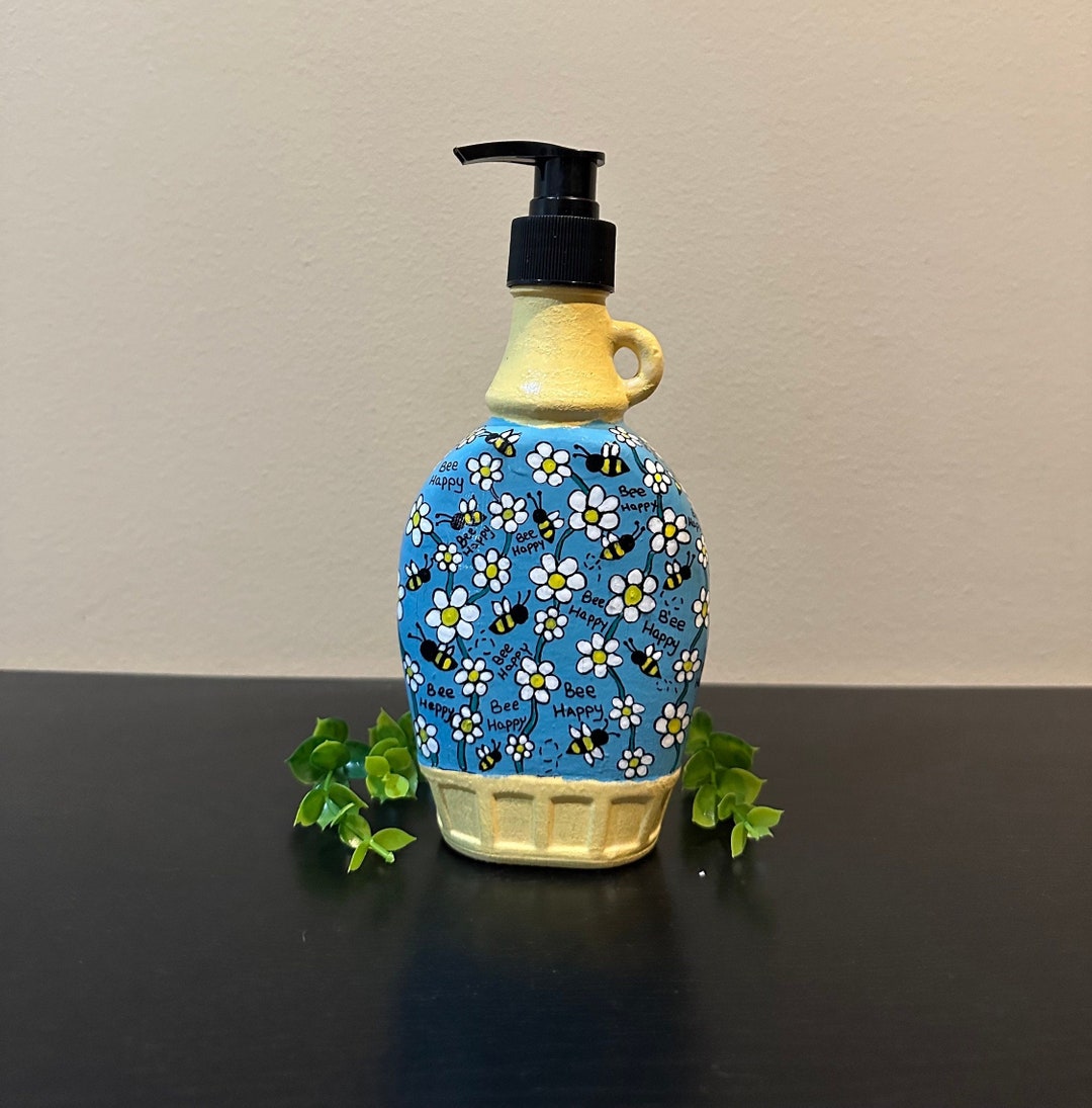 Bee Happy Themed Soap Dispenser Made From Recycled Glass. Hand Painted ...