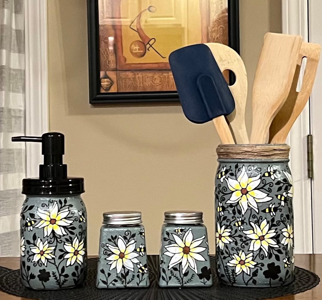 Hand-painted 4 Piece, Daisy Themed, Kitchen Set. - Etsy