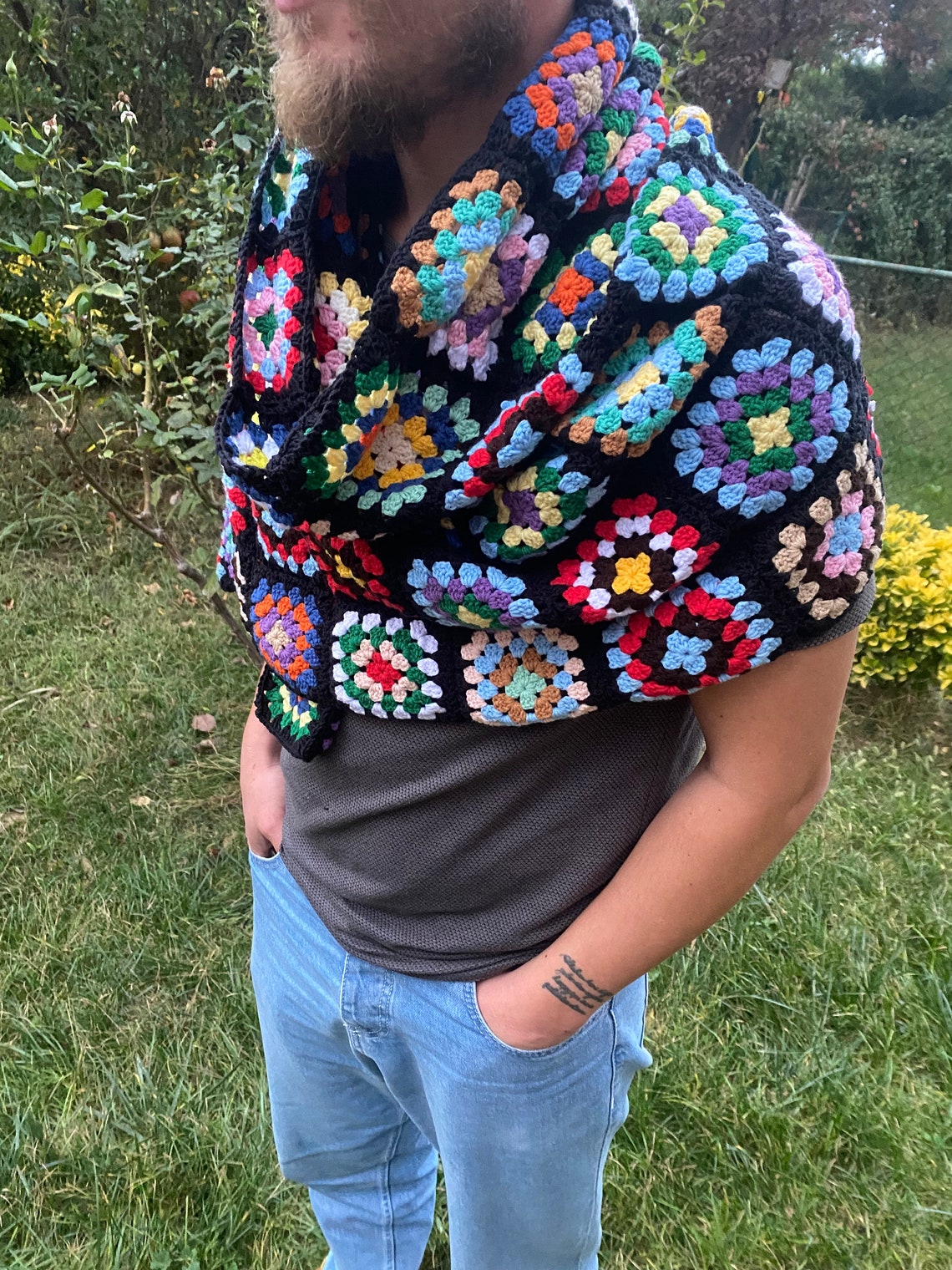 Granny Square Scarf Knitted Scarf Women Boho Cotton Scarf - Etsy