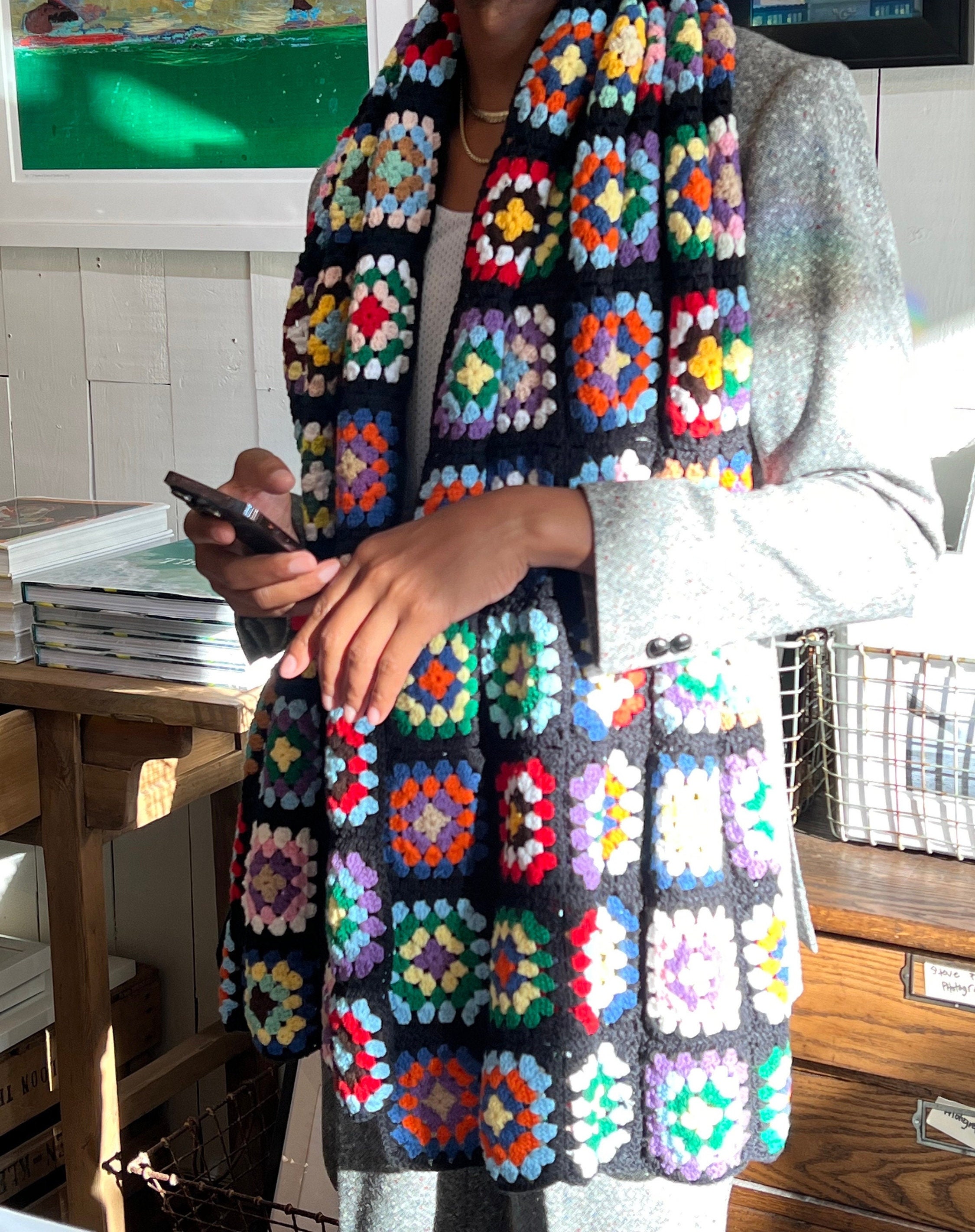 Granny Square Scarf Knitted Scarf Women Boho Cotton Scarf - Etsy