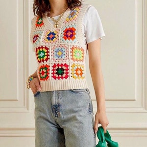 Granny Square Vest, Vintage Quilted Waistcoat, Sweater Vest, Crochet ...
