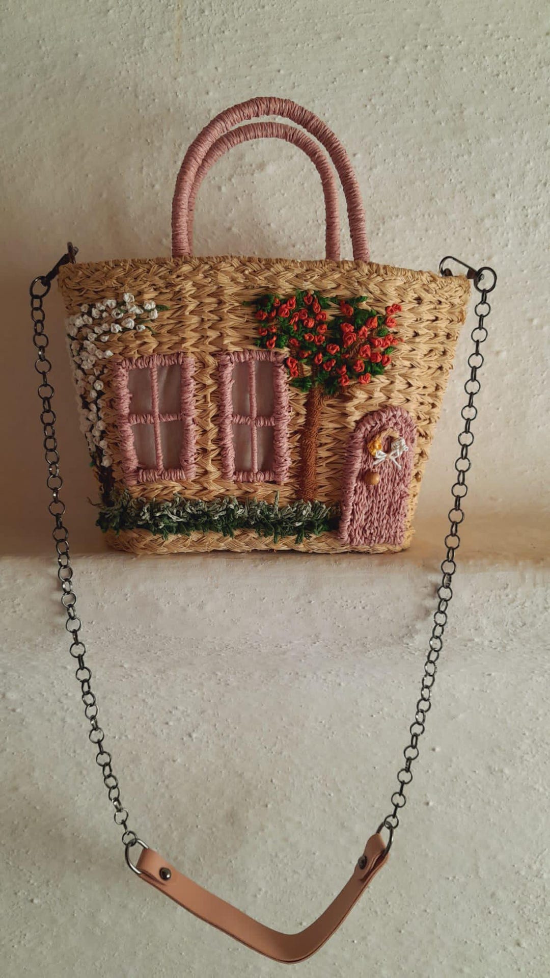 Wicker Bag, %100 Handcrafted, Unique Design, House Shaped Bag, Straw Bag With Embroidered,unique ...