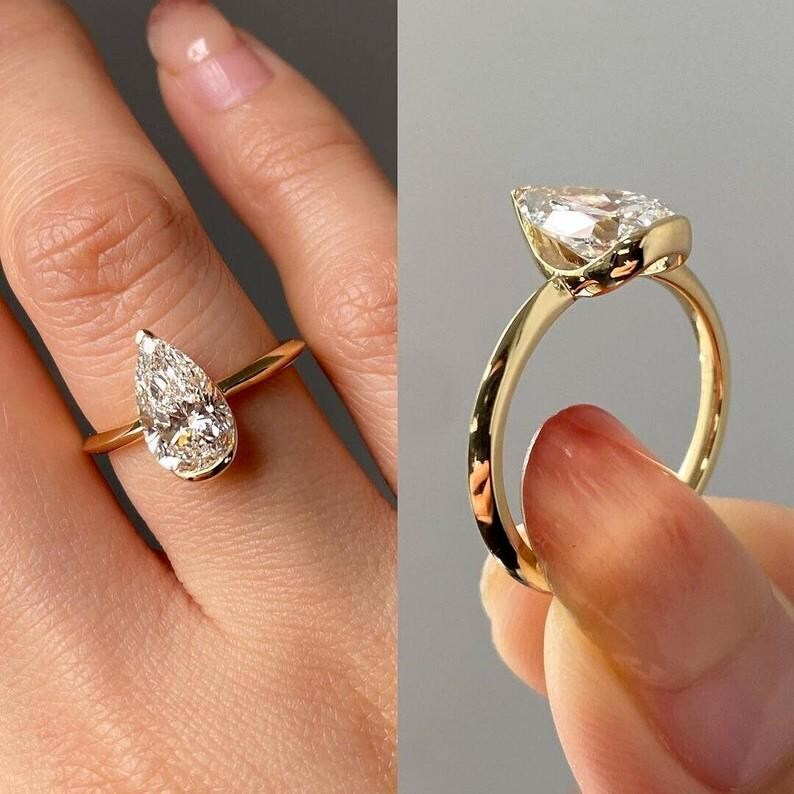 Unique Bezel Setting Pear Cut Moissanite Engagement Ring 2 CT Pear Cut ...