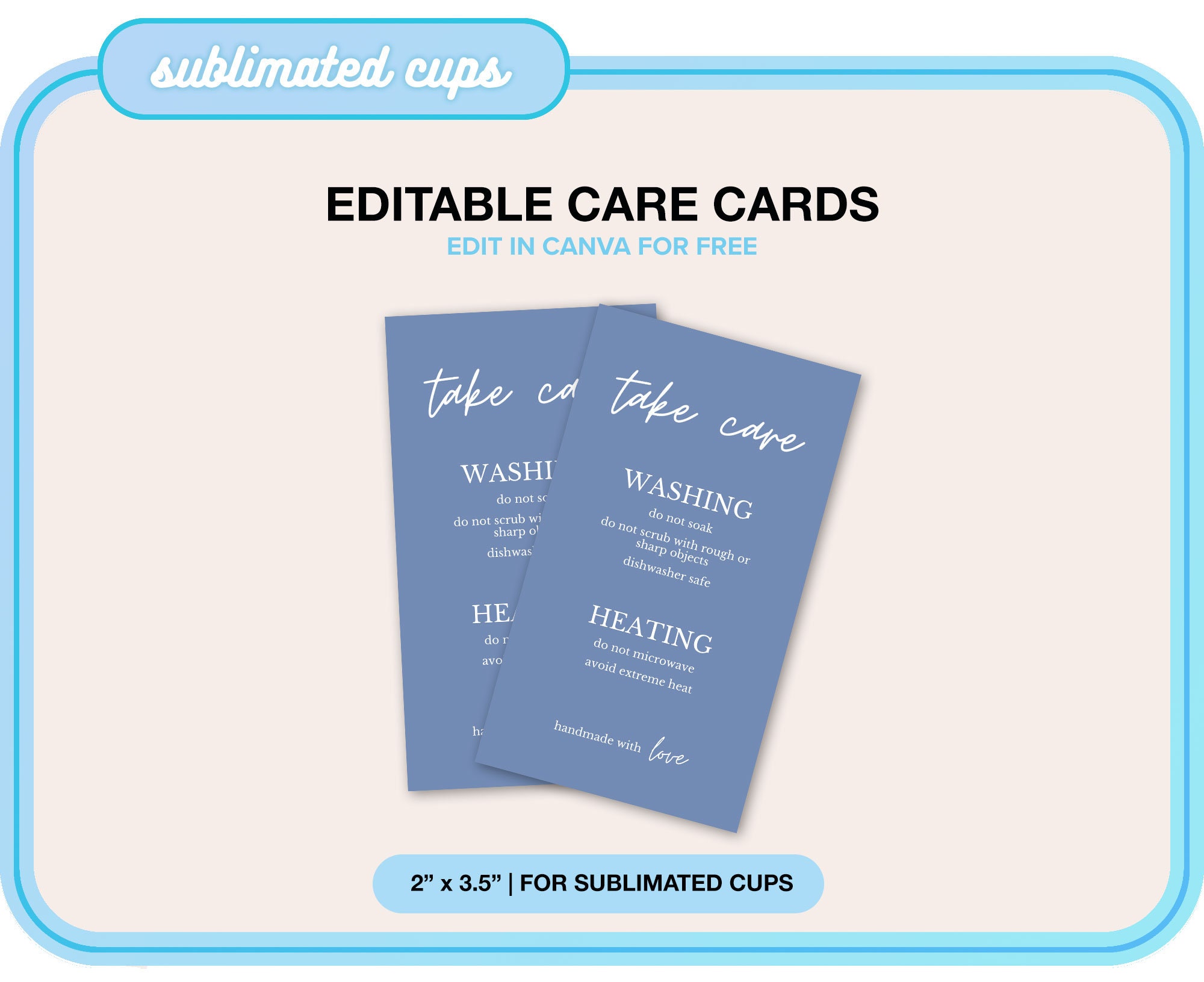 SUBLIMATION CUP Editable Care Card, Tumbler Care Instructions ...