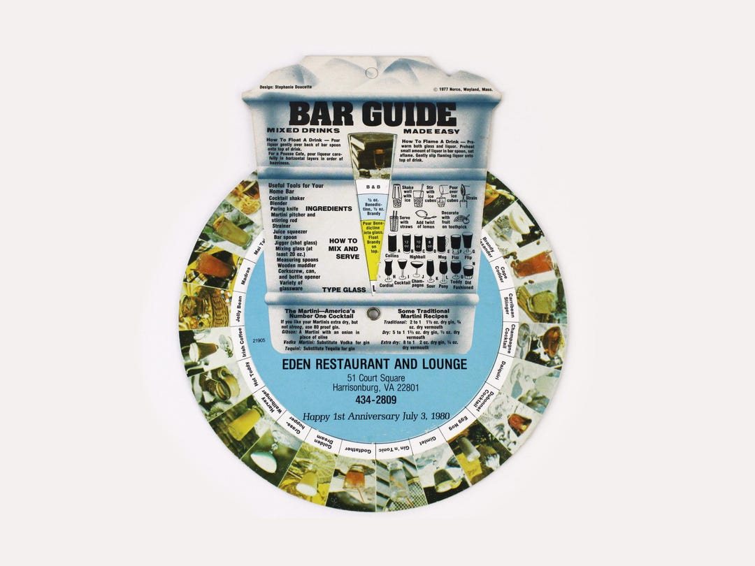 Vintage 1980 Bar Guide Cocktail Recipe Wheel, Eden Restaurant ...