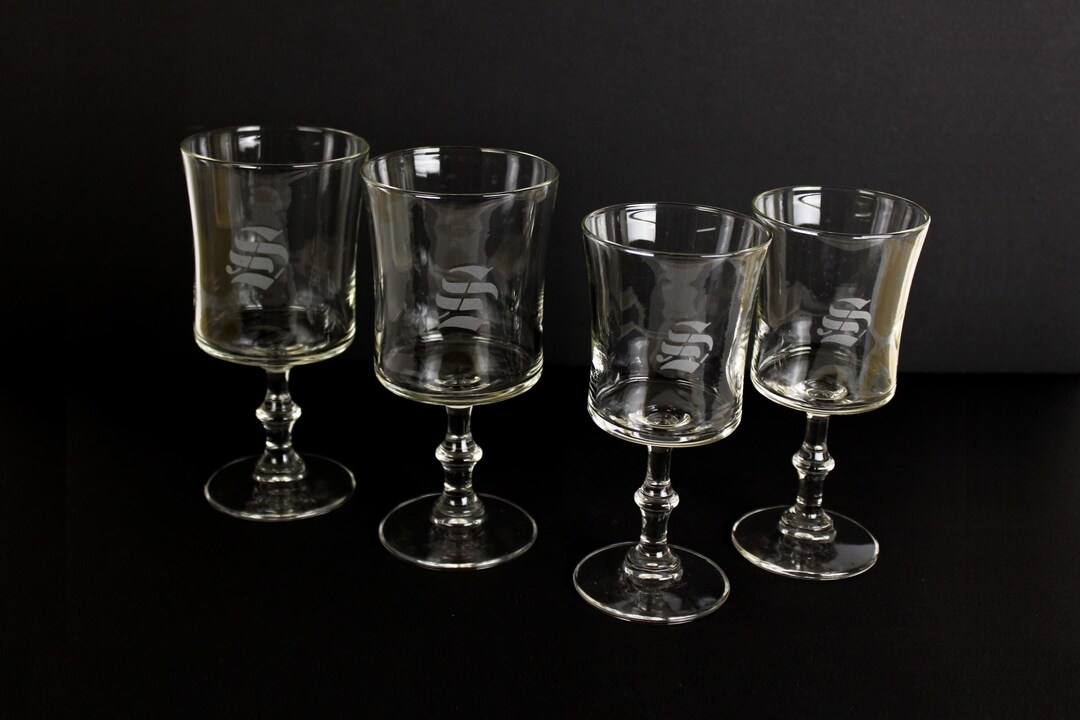 NEW Vintage Monogrammed 'S' Etched Glass Goblets Set of 4, MCM ...