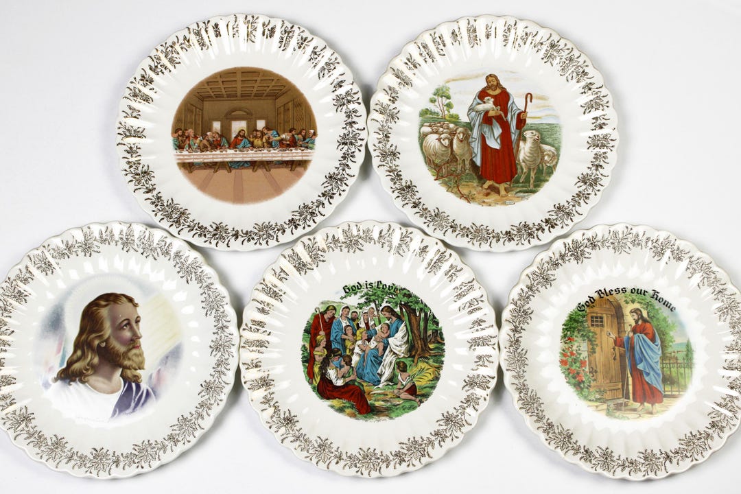 Se of 5 Vintage Porcelain Jesus Plates 23K Gold First Edition Sanders ...