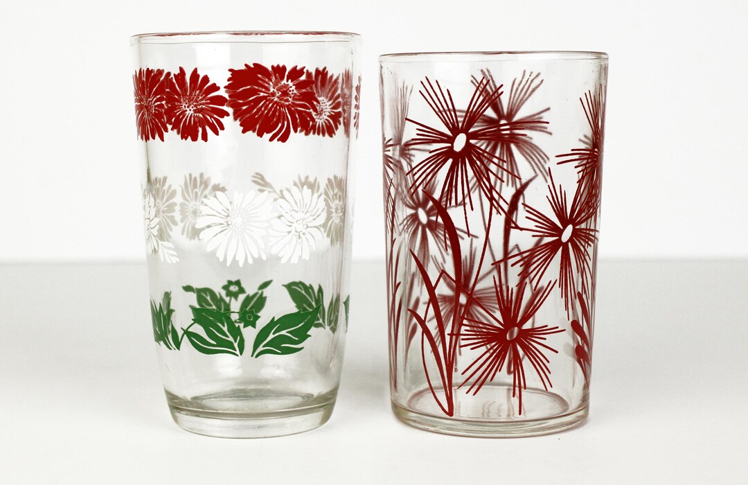 Vintage Swanky Swig Juice Glasses Floral Hazel Atlas Red Cornflower Set ...