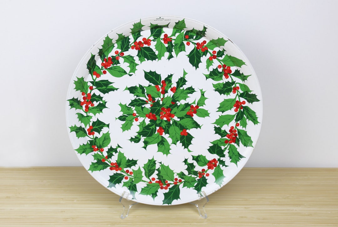 Vintage Christmas Tray Holly Leaf Metal Serving Tray 14 by Hallmark ...