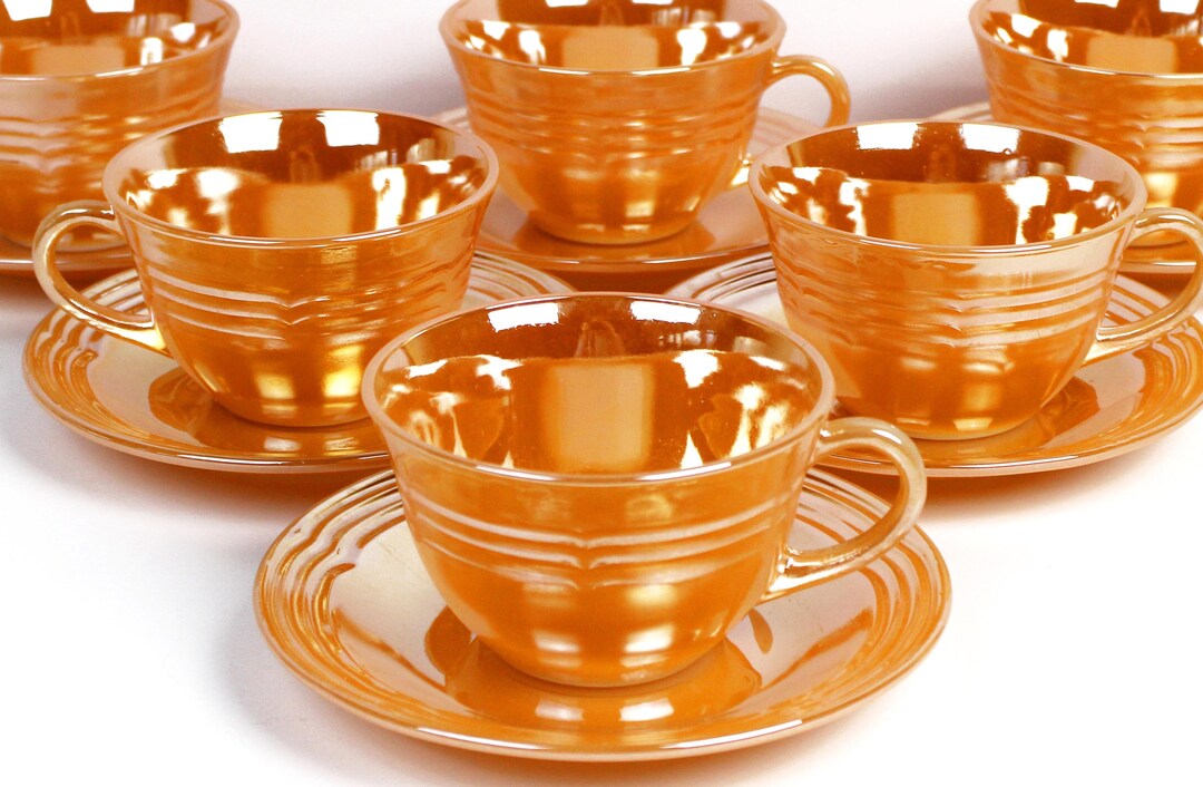 Fire King Peach Lustre Cups and Saucers, Lustreware Coffee Cups, Fire ...