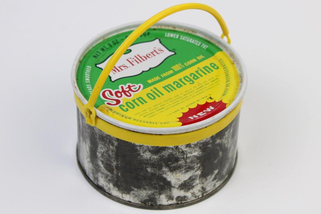 Vintage Mrs. Filbert's Margarine Metal Tin With Yellow Plastic Handle ...