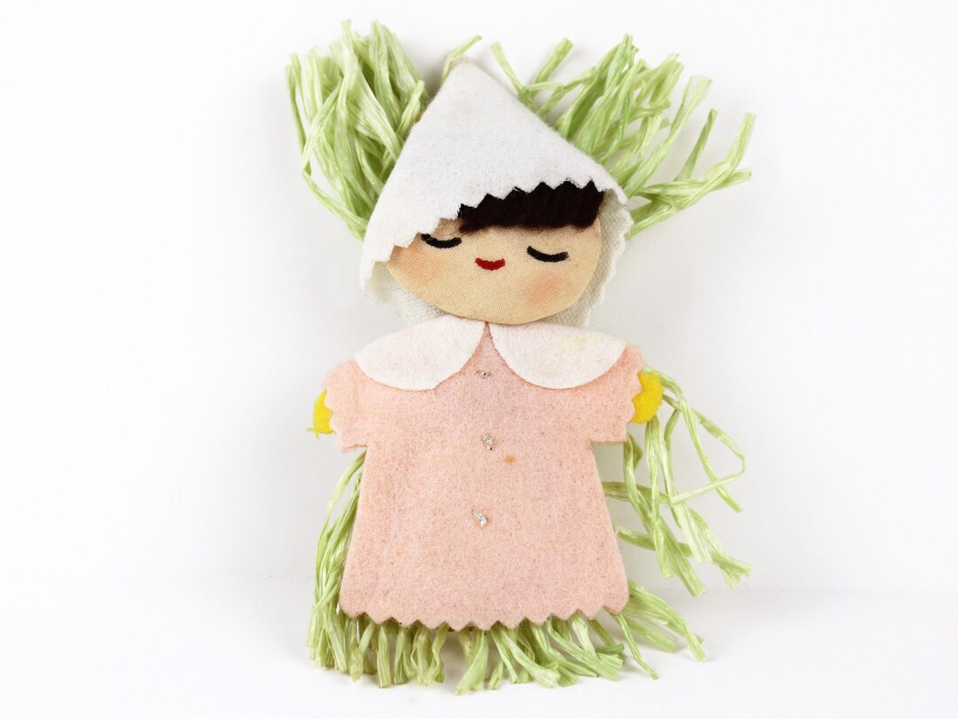 Vintage Japan Pink Felt & Raffia Angel Ornament, Kawaii Sleepy Girl ...