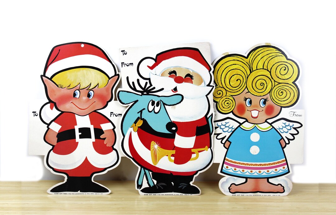 Vintage Santa With Reindeer Giant Gift Tag and Elf Gift Tag by Peck ...
