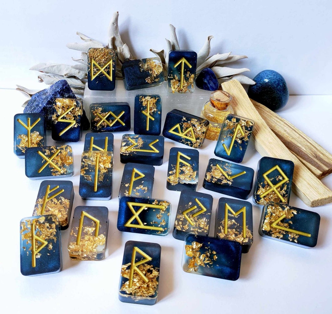 Futhark Runes in Epoxy Resin Navy and Gold Edition - Etsy