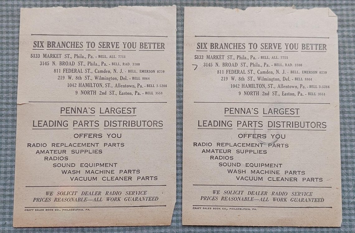 2 Vintage Radio Electric Paper Receipts Philadelphia Pennsylvania ...