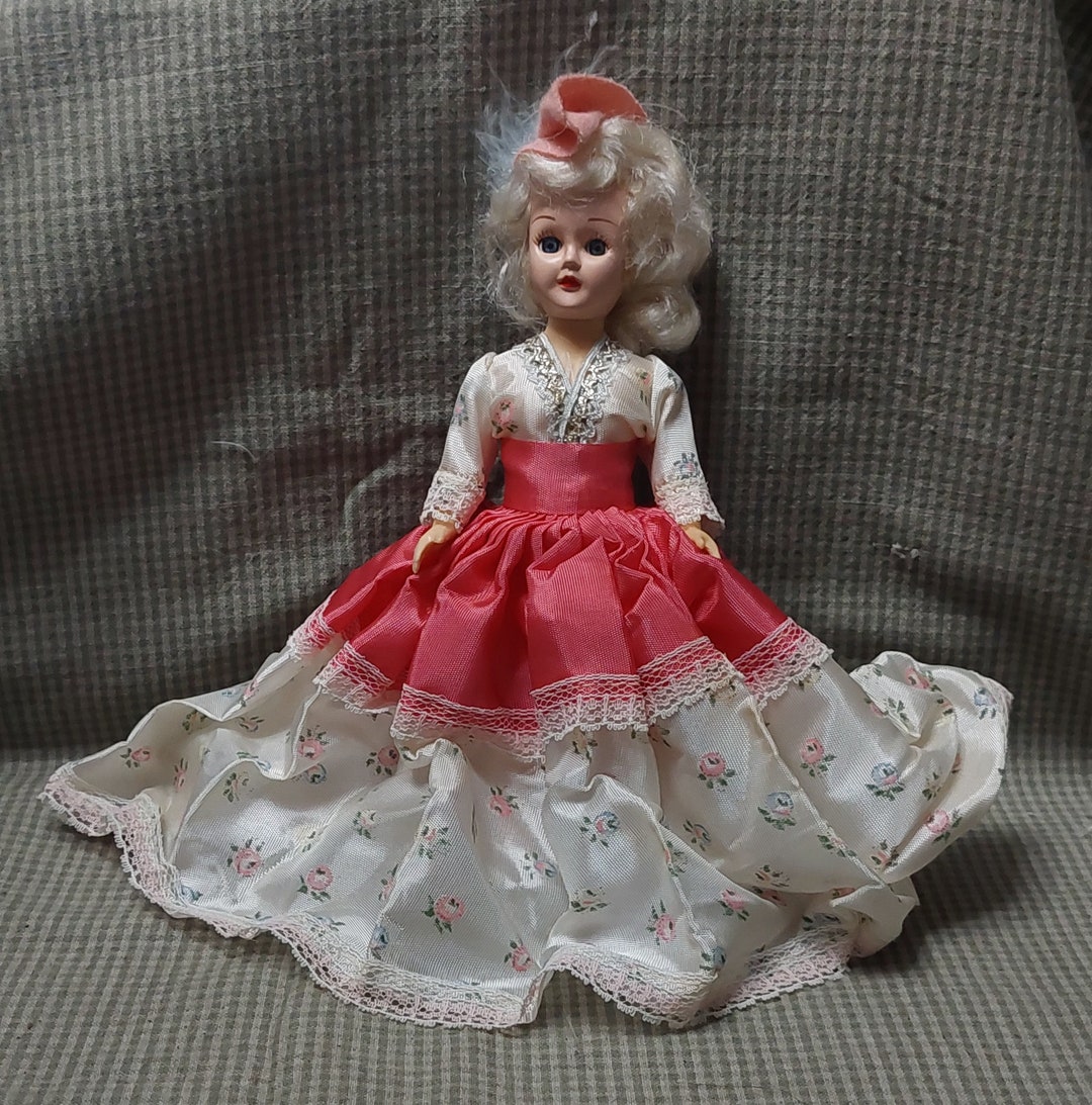 Vintage Hard Plastic Doll Pretty Pink Floral Gown Blue Feather Hat ...