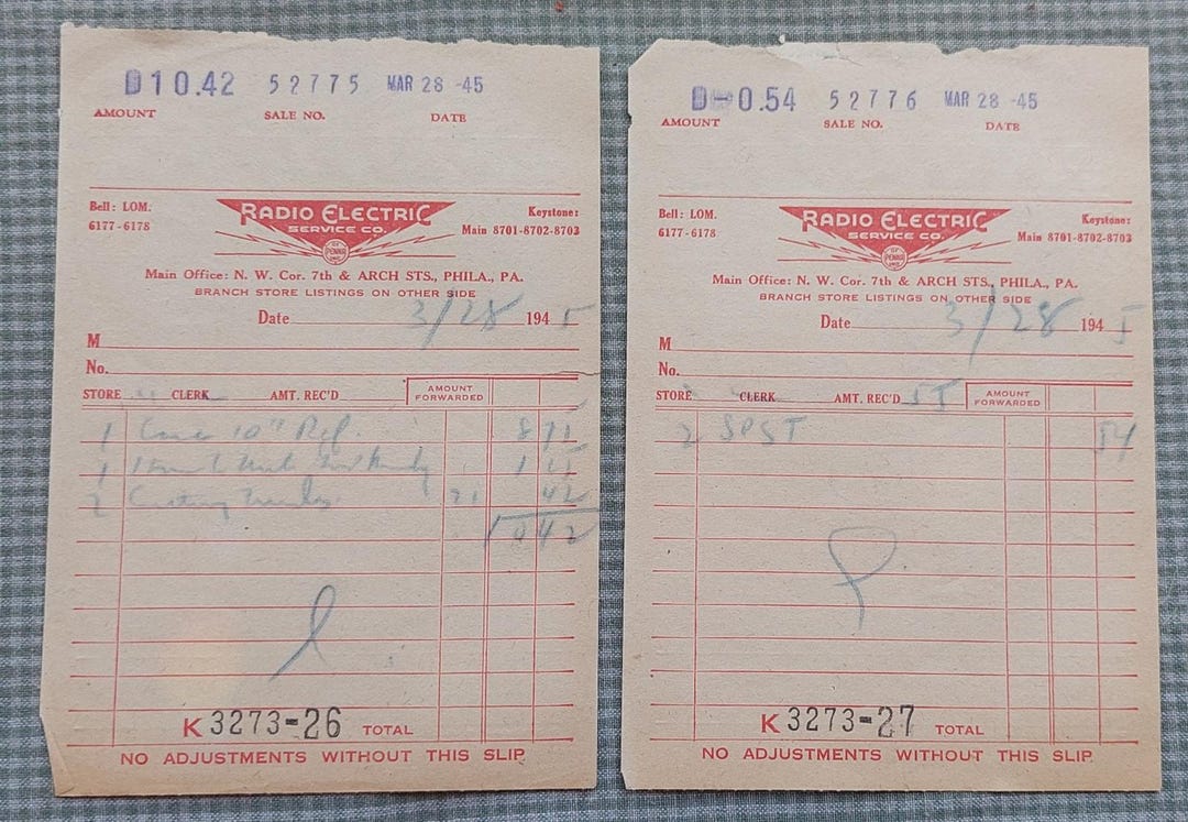 2 Vintage Radio Electric Paper Receipts Philadelphia Pennsylvania ...