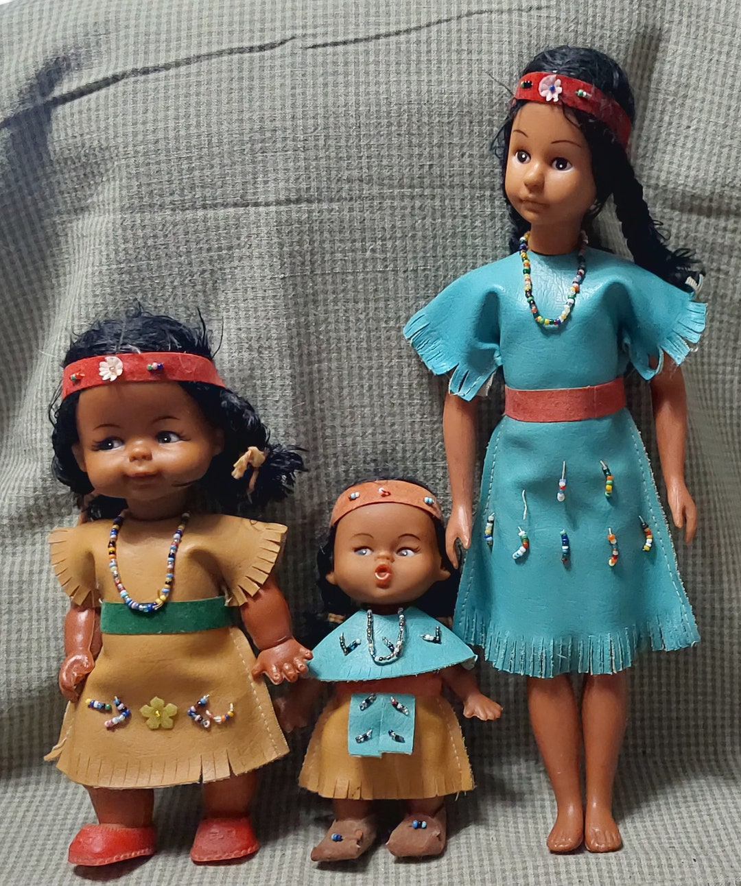Set of 3 Whimsical Native American Girls Indian Maiden Dolls Fringe ...