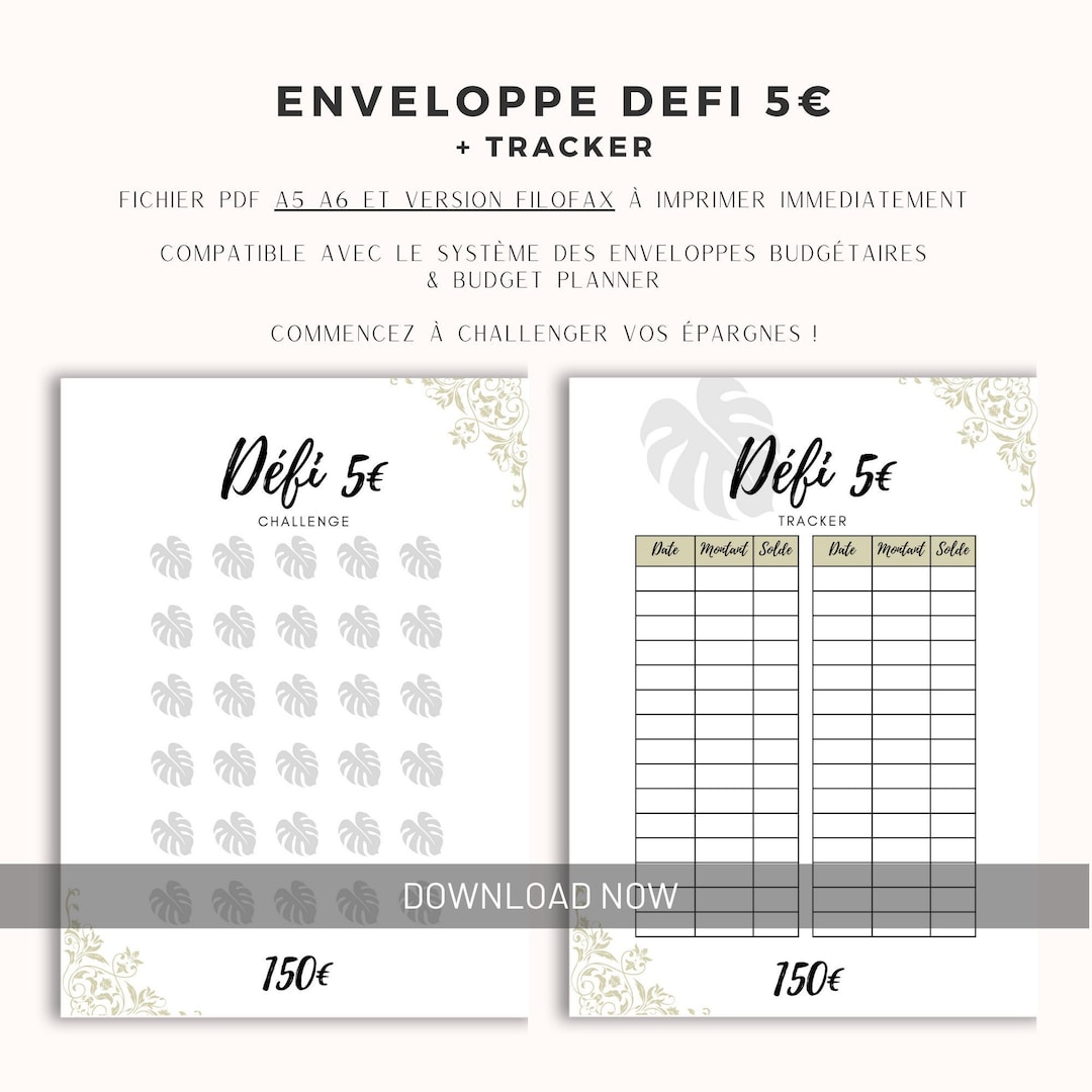 Défi 5 euros et budget tracker, PDF A IMPRIMER A5 A6 Filofax, Enveloppes et classeur budget ...