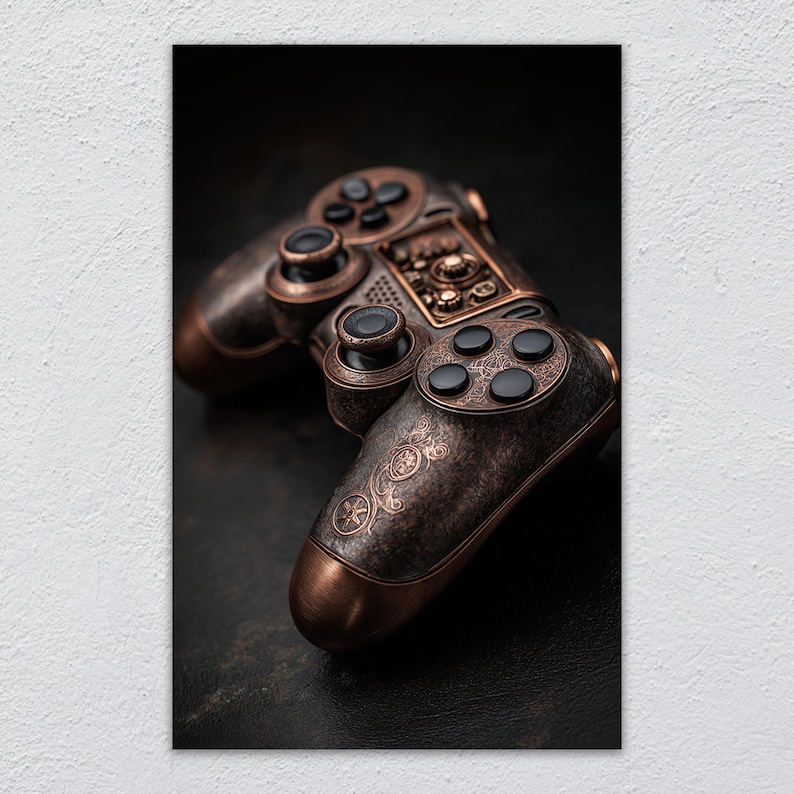 Luxury Game Controller Glass Art, Steampunk Gamer Decor, Bronze Gaming Wall Print, Stylish PS ...