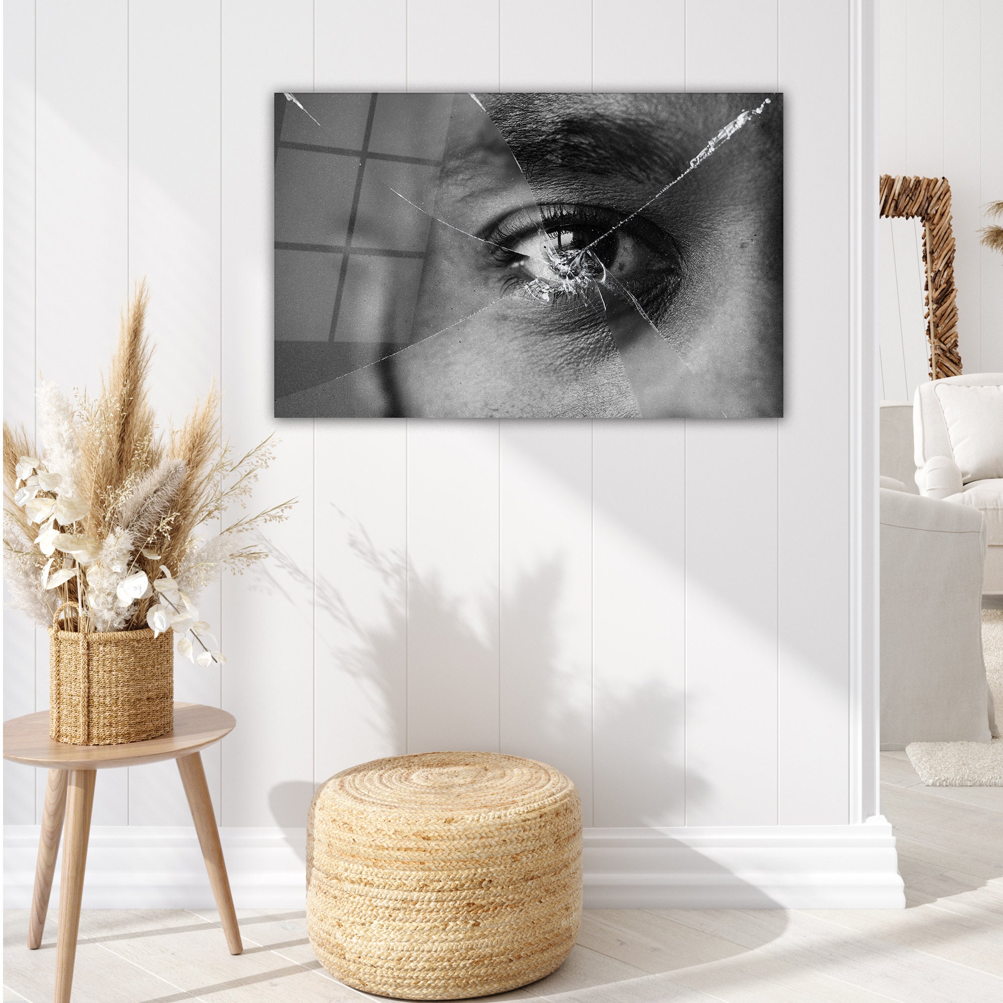 Cracked Glass Effect Eyes Behind Broken Mirror Glass Wall Art ...