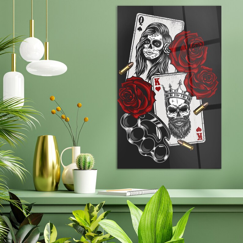 Playing Card, Roses and Knuckles- Glass Wall Art - House Warming Gift ...