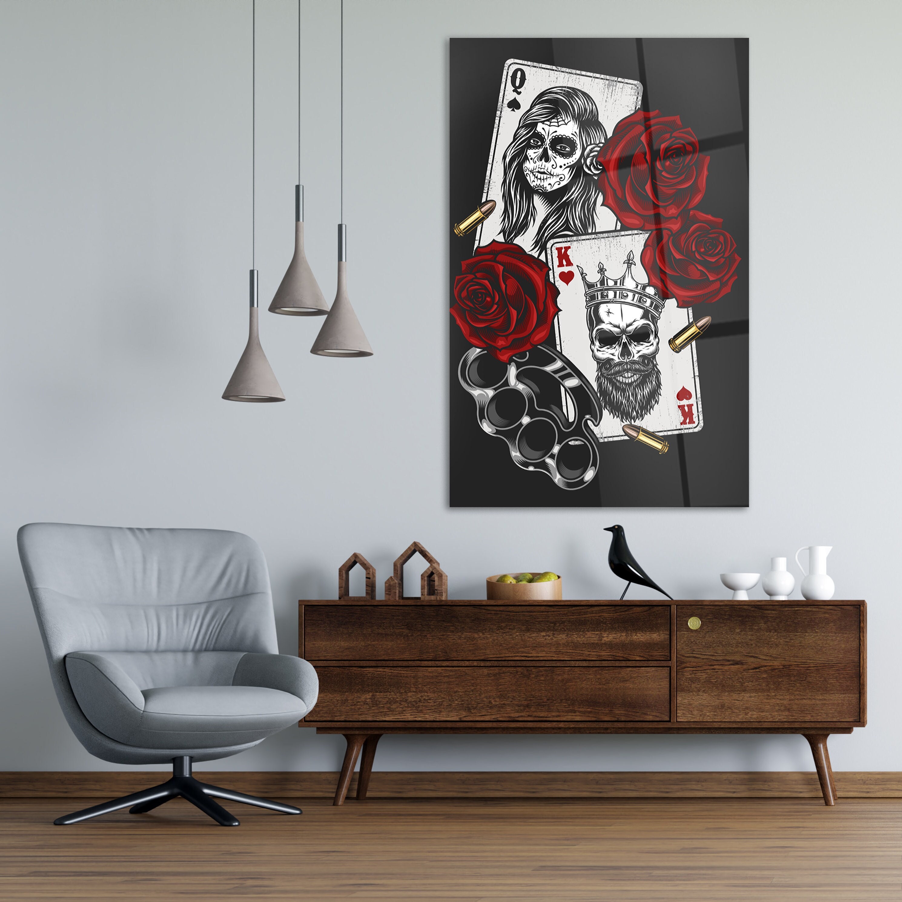 Playing Card, Roses and Knuckles- Glass Wall Art - House Warming Gift ...