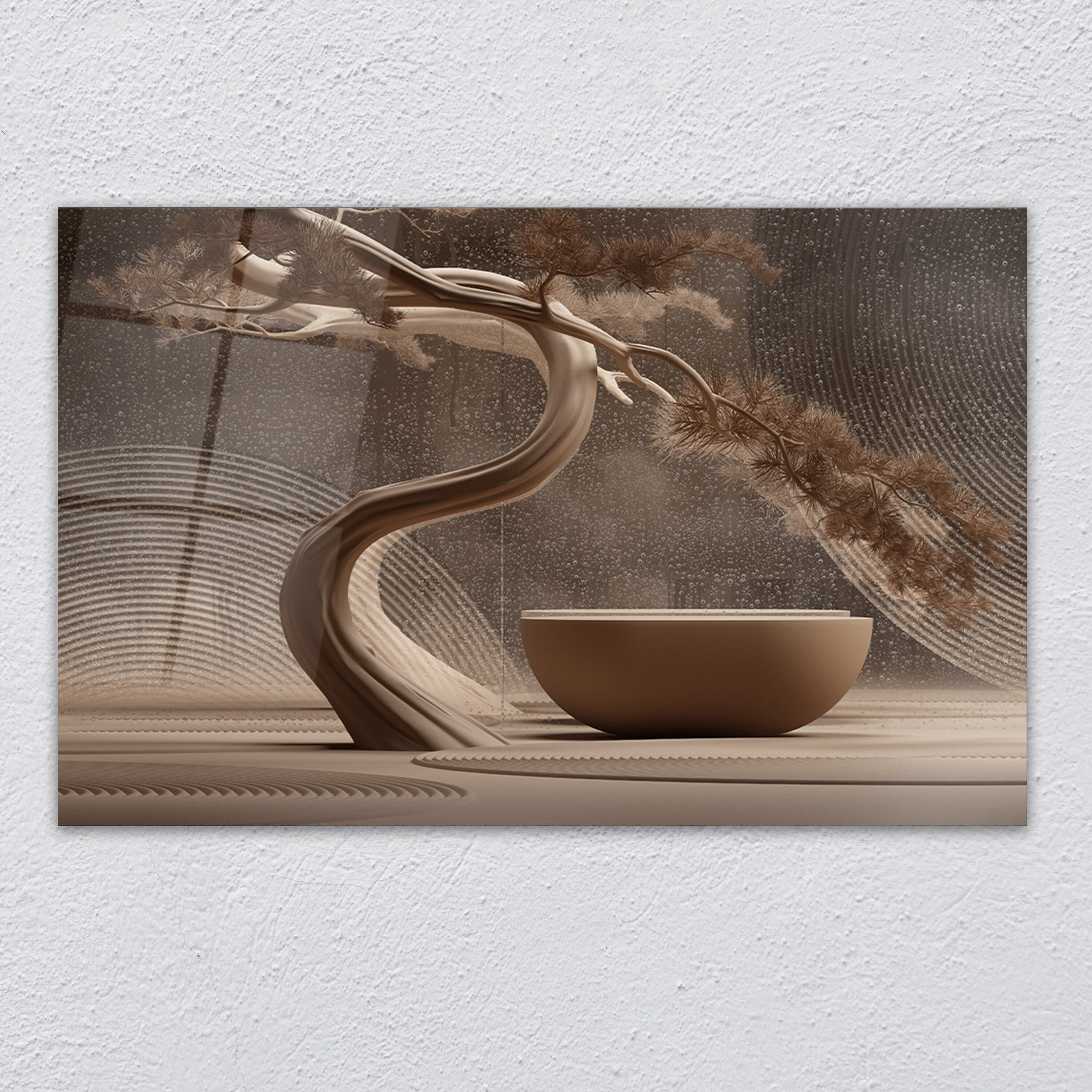 Glass Wall Art Japanese Style Stone Podium and Bonsai Tree in Rain ...
