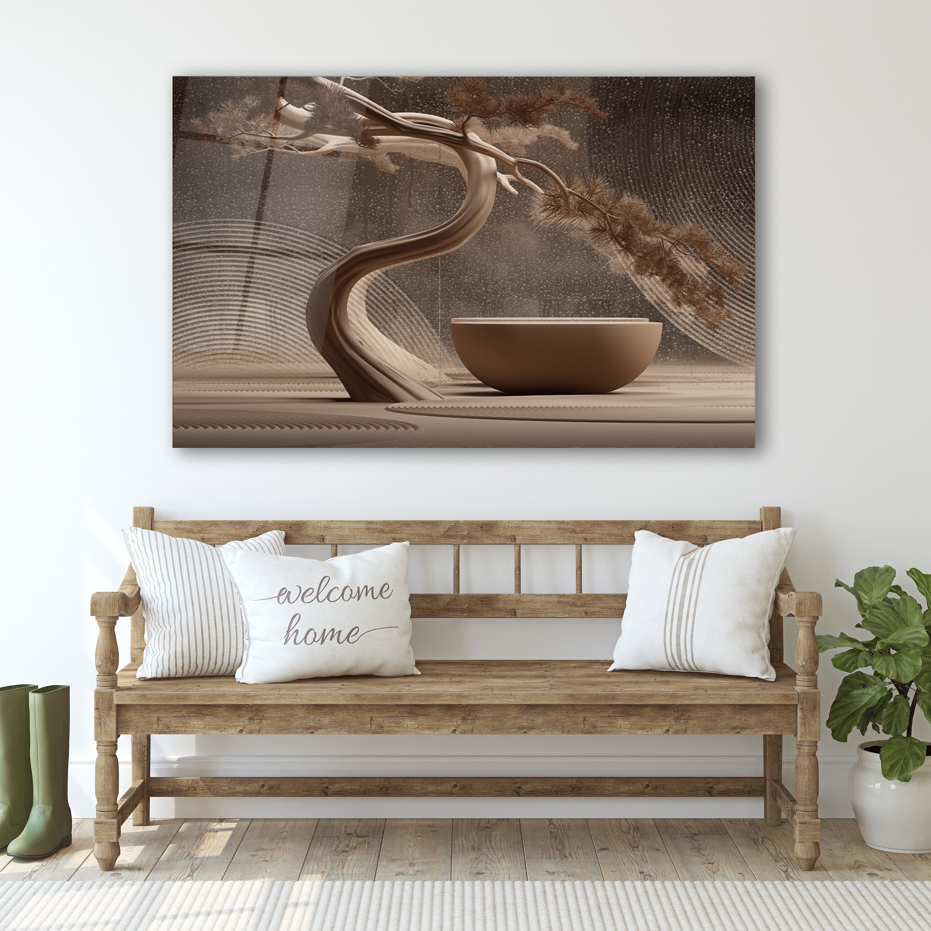 Glass Wall Art Japanese Style Stone Podium and Bonsai Tree in Rain ...