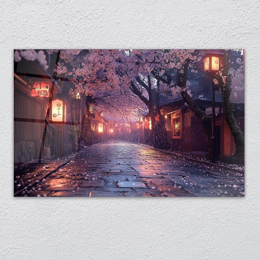 Japanese Sakura Street Glass Art, Kyoto Lantern Rain Print, Cherry ...