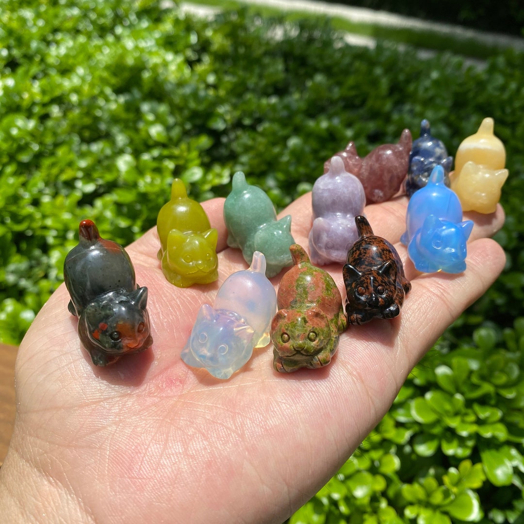 Mini Crystal Cat Carving, Natural Gemstone Cat Figurine, Crystal Animal ...