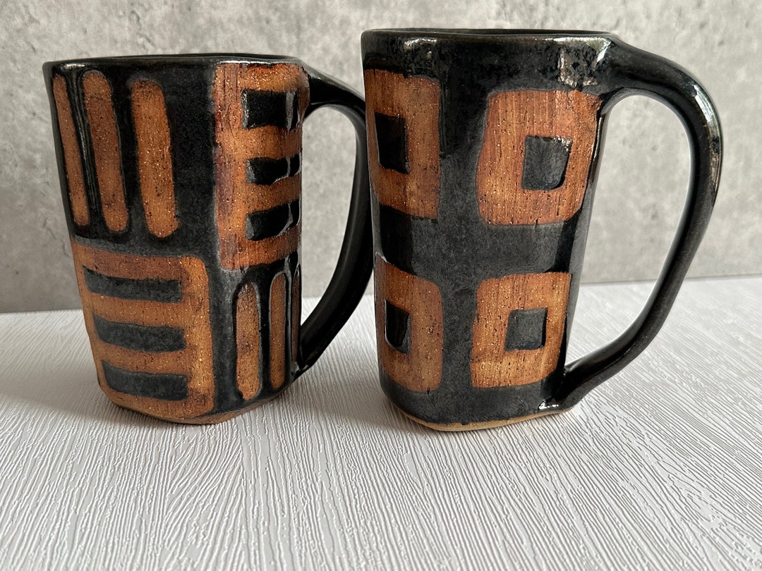 Pair of Geometric Studio Pottery Mugs With Textured Patterns - Etsy
