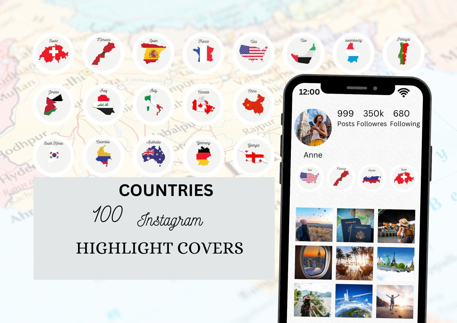 Instagram Travel Highlight Covers | 100 Countries, Instagram Story ...