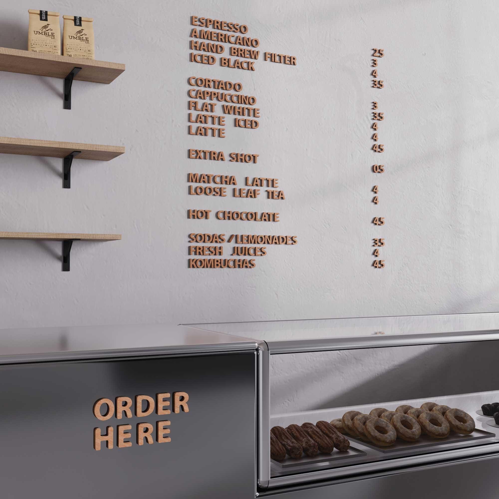 Adhesive Wooden Letters for Wall Menus in Coffee Shops & Bakeries and ...