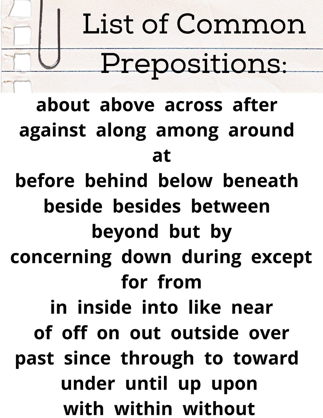 List of Common Prepositions Instant Printable - Etsy Australia