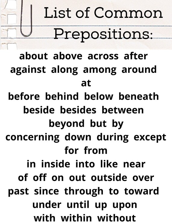Printable List Of Prepositions