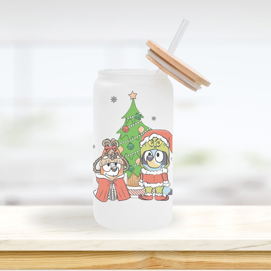 Bluey Dressed as the Grinch Frosted 18oz Sublimation Glass Cup With Lid ...